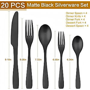 Matte Black Silverware Set - DENEAR 40 PCS Stainless Steel Flatware Set Service for 8, Durable Tableware Set Kitchen Utensil Set, Satin Finish Cutlery Set For Home and Restaurant, Dishwasher Safe