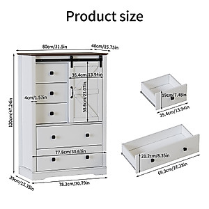 PAKASEPT 5 Drawers Dresser, Farmhouse Modern Tall Dresser 5 Chest of Drawers, Sliding Barn Doors Dresser Chests for Bedroom, Hallway, Living Room, Kids Room