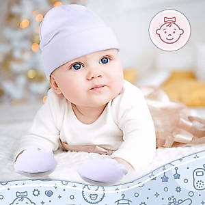 Boyiee 12 Pieces Baby Mittens Newborn Hats and Sock Infant Mittens Baby Caps Mittens Socks Set No Slip Ankle Socks(Blue and White)