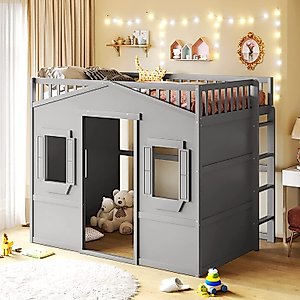 DNYN Full Size House Loft Bed for Kids Bedroom,Solid Wood Bedframe with Ladder & Safety Guardrail,Underneath Play-House Design & No Box Spring Needed,Easy Assembly,77.5" x 57.8" x 65", Gray