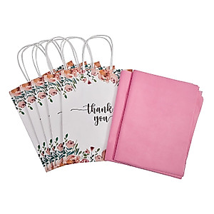 50 Pack Medium White & Spring Floral Thank You Paper Gift Bags with Handles 10 x8 x4 Inches and Pink Tissue Paper for Small Business Wedding Baby Shower Birthday Party Favors Goodies