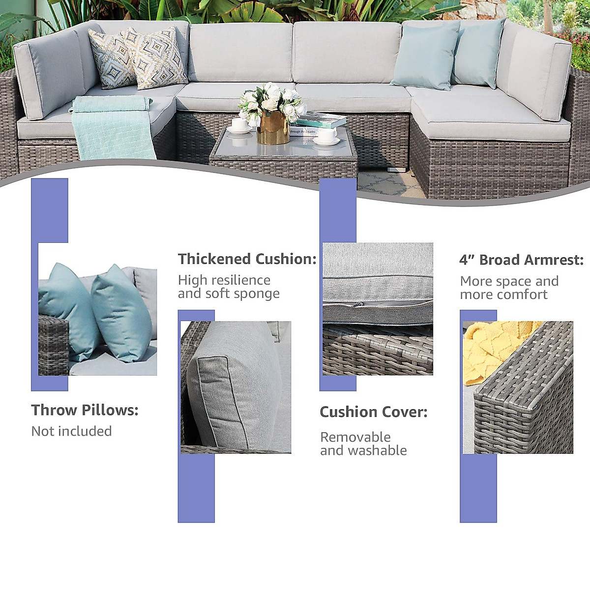 Patiorama 7 Piece Outdoor Furniture, All Weather Grey Wicker Sectional Sofa Set with Corner Sofa Chair Ottoman Table, Light Grey