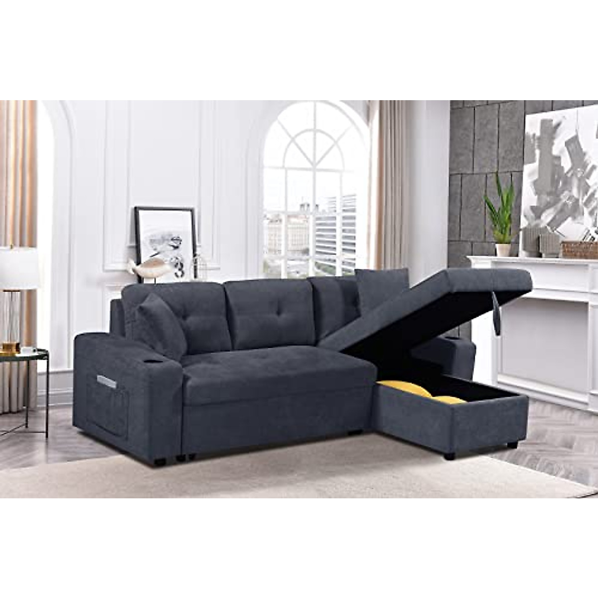 OPTOUGH Sleeper Sectional Sofa with Storage Chaise and Pull Out Bed,L-Shaped Couch with 2 Cupholders, Side Pockets & Pillows for Living Room Apartment, Gray, Dark Grey