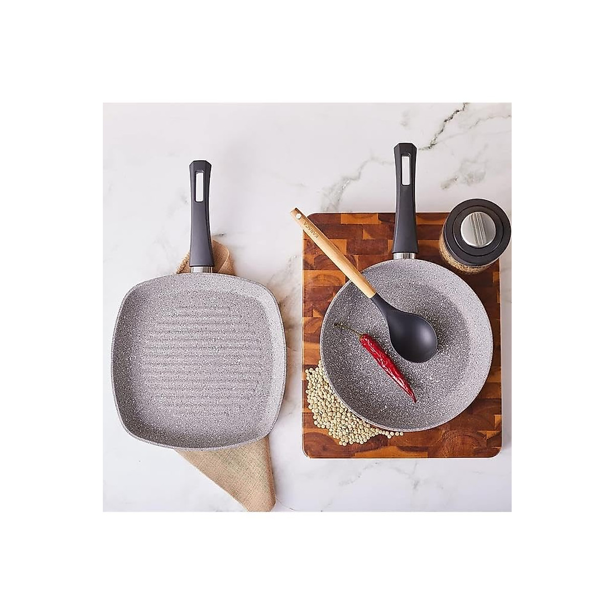 KARACA Gris Biogranite Grill Pan and Pan Set, 2 Pieces, 1 X Frying Pan 26 cm, 1 X Grill Pan 28 cm, Frying Pans, Crepe Pan Granite, Healthy Non-Stick Coating, 7X More Resisstant Against Scratches