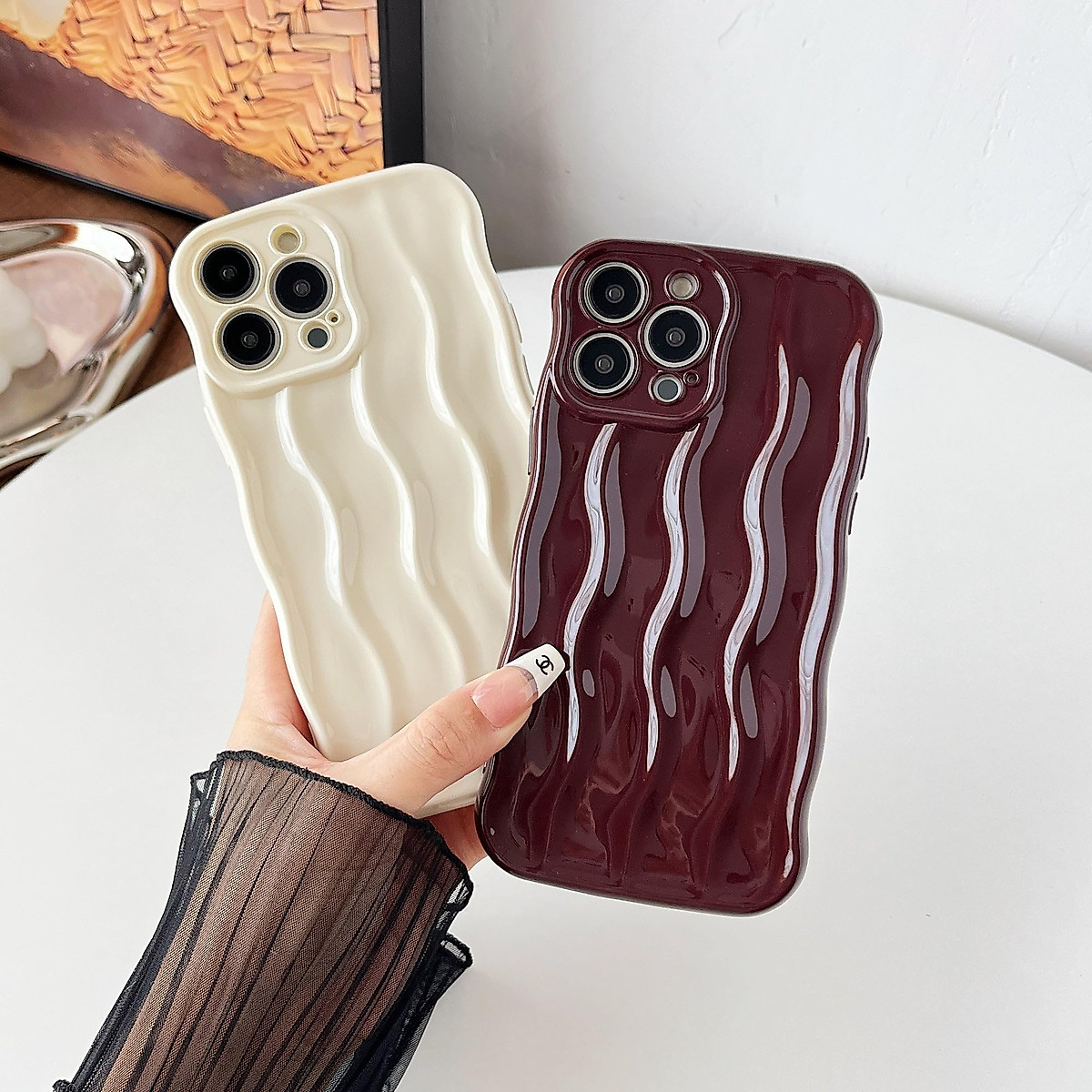 Caseative for iPhone 13 Pro Max Case,Water Ripple Pattern Curly Wave Frame Soft Phone Case (Silver)