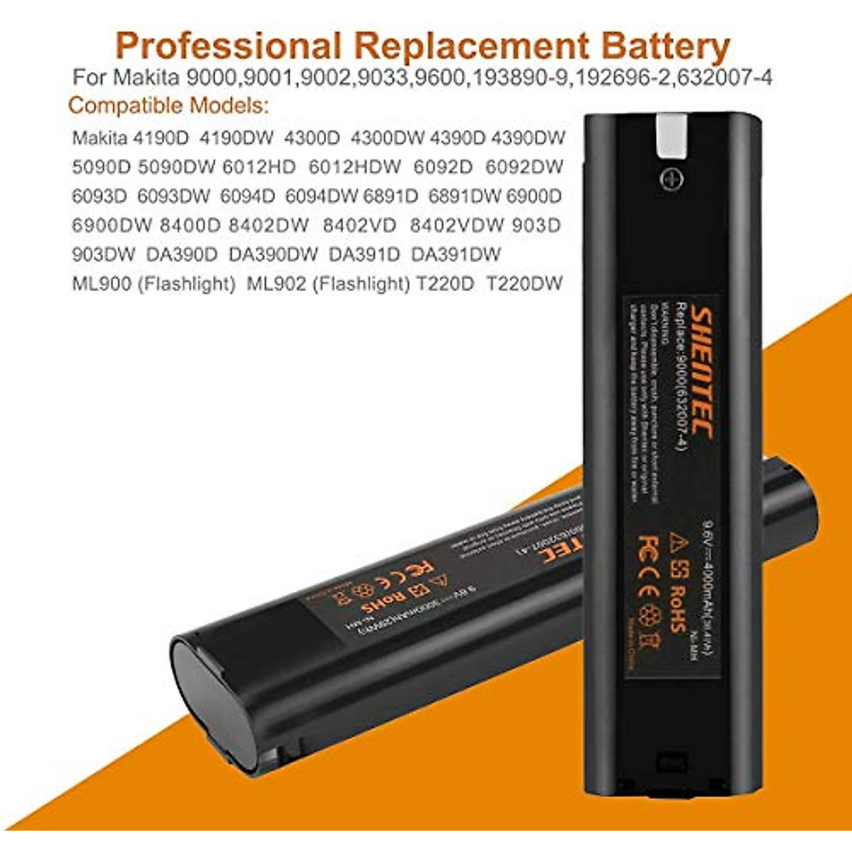 Shentec Upgraded 2 Pack 9.6V 4.0Ah Battery Compatible with Makita 9000 9033 6095d da391d kr23/43 9600 6096d 9001 9002 192696-2 193890-9 632007-4, Ni-MH Battery Pack