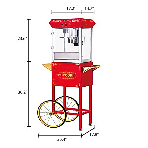 Great Northern Popcorn Foundation Popcorn Machine with Cart 8oz Popper with Stainless-Steel Kettle, Warming Light, and Accessories, (Red)