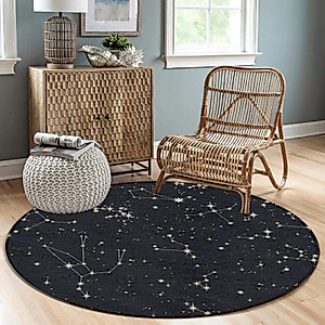Large Round Bathroom Rug Kitchen Office Circle Rug for Living Room Sofa Bedroom Circle Cute Mat Compatible with Zodiac Constellation Galaxy Black Starry Night Stars Glow Dark Midnight 36inch(90cm)