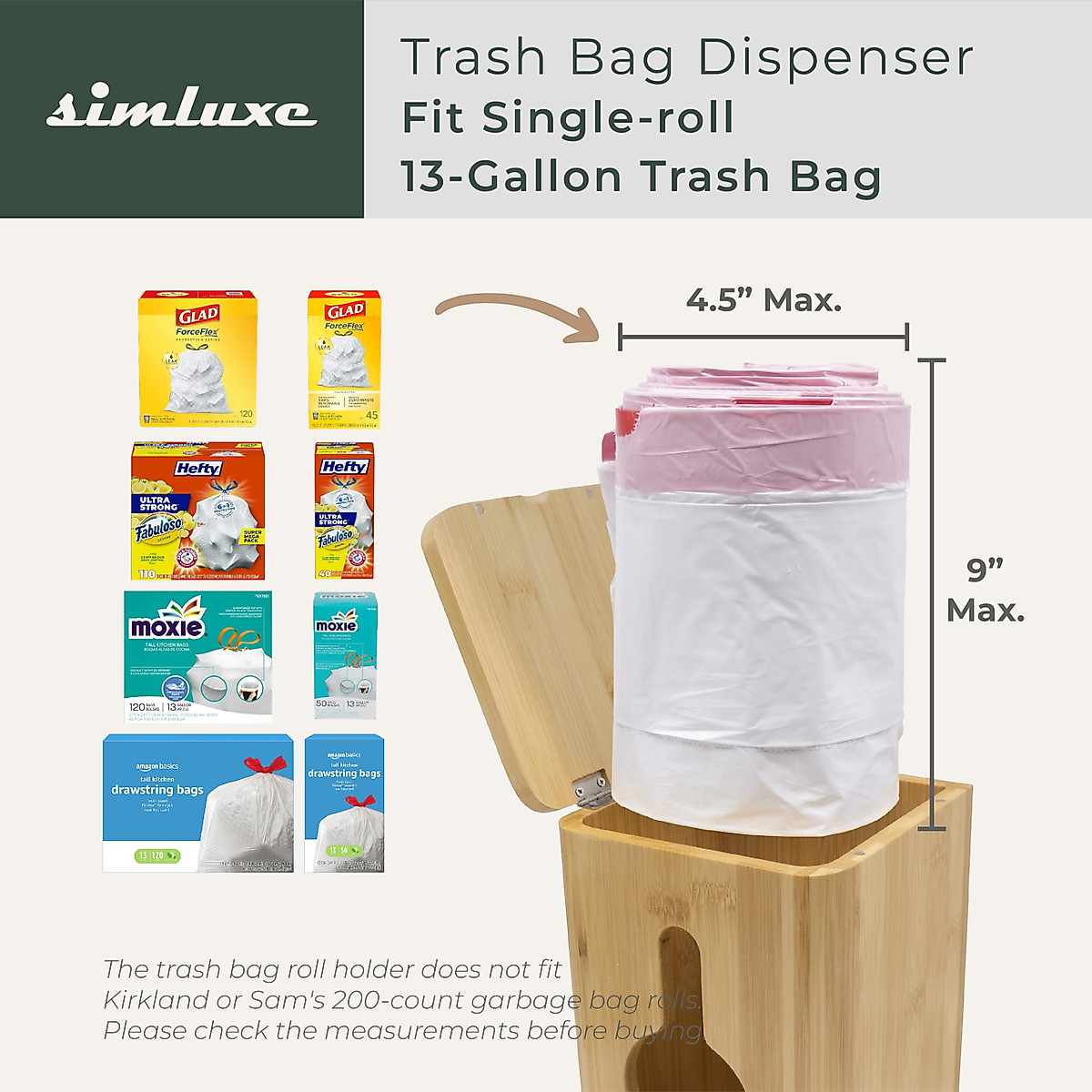 Simluxe Trash Bag Dispenser – Trash Bag Holder Dispenser for Garbage Bag Roll, Under Sink Waste Bin Bags Organizer, Wall Mounted Storage for Small Spaces, Bamboo Decorative Container