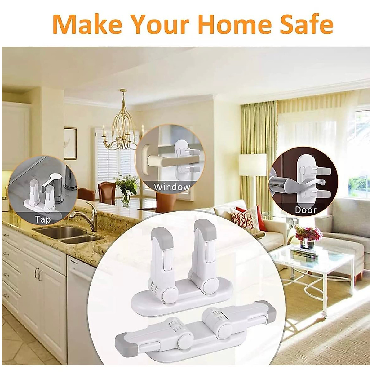 4 Pack, New and Improved Childproof Safety Door Lock, Prevents Toddlers from Opening Doors, BPA Free, 3M Adhesive, Easy to Install, No Drilling Needed.