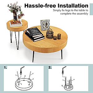 GOFLAME Round Coffee Table Set of 2, Modern Farmhouse End Tables with Natural Finish, Aesthetic Line Design, Solid Wood Nesting Side Tables for Living Room, Bedroom, Easy Assembly
