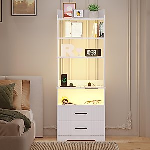 Vlsrka Tall Nightstand with Charging Station, 54" Smart Nightstand with LED Lights, Modern Night Stand with Bookshelf, Bedside Tables with Storage Cabinet for Bedroom, White