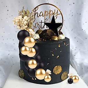 33 PCS Mini Ball Cake Topper Cupcake Insert Acrylic Cake Topper Artificial Dried Flowers Cake Decorations for Anniversary Graduation Birthday Party Baby Shower (Black, Gold)