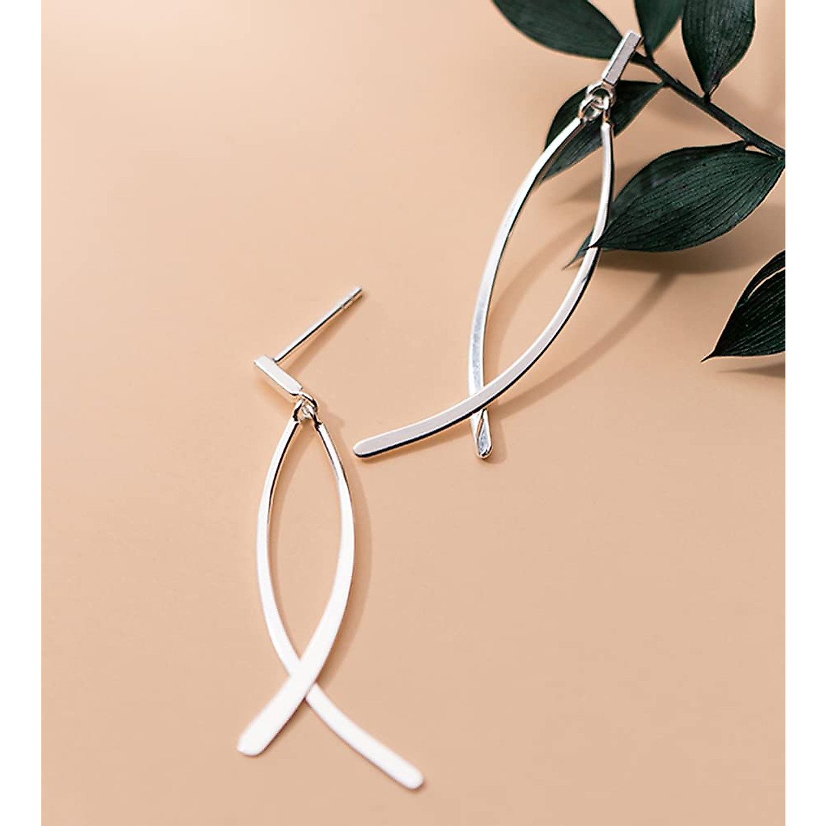 SLUYNZ 925 Sterling Silver Shiny Bar Dangle Earrings for Women Teens Flat Bar Earrings Curve Line Earrings (A-Silver)