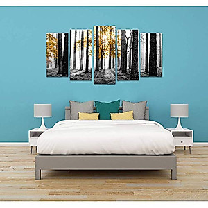Visual Art Decor Large 5 Pieces Canvas Prints Yellow Tree in Black and White Sunshine Foggy Forest Picture Artwork Framed and Stretched Ready to Hang Modern Home Room Decoration L-60 XH-32(04 Forest)