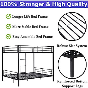 Aooppec Upgraded Version Stronger Metal Queen Size Bunk Bed, Industrial Style Queen Over Queen Bunk Bed Frame with Ladders & Guard Rails for Kids Girls Boys and Adults (Easy Assemble)