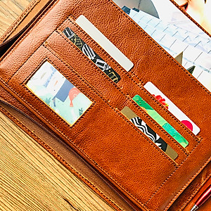 3 Ring Check Binder, Genuine Leather Check Book Portfolio for 3 Holes Checks or 9 Holes Checks, Fits 3-on-a-Page Business Checks, Check Book Binder 3 Ring for 11 1/4"x9", Oil Waxed Leather Brown