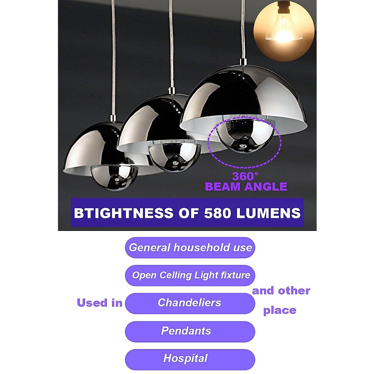 Half Chrome Light Bulb Dimmable LED Filament Vintage Bulb with Mirror 6W (60W Equivalent) G80/G25 E26 Medium Base Warm White 2700K