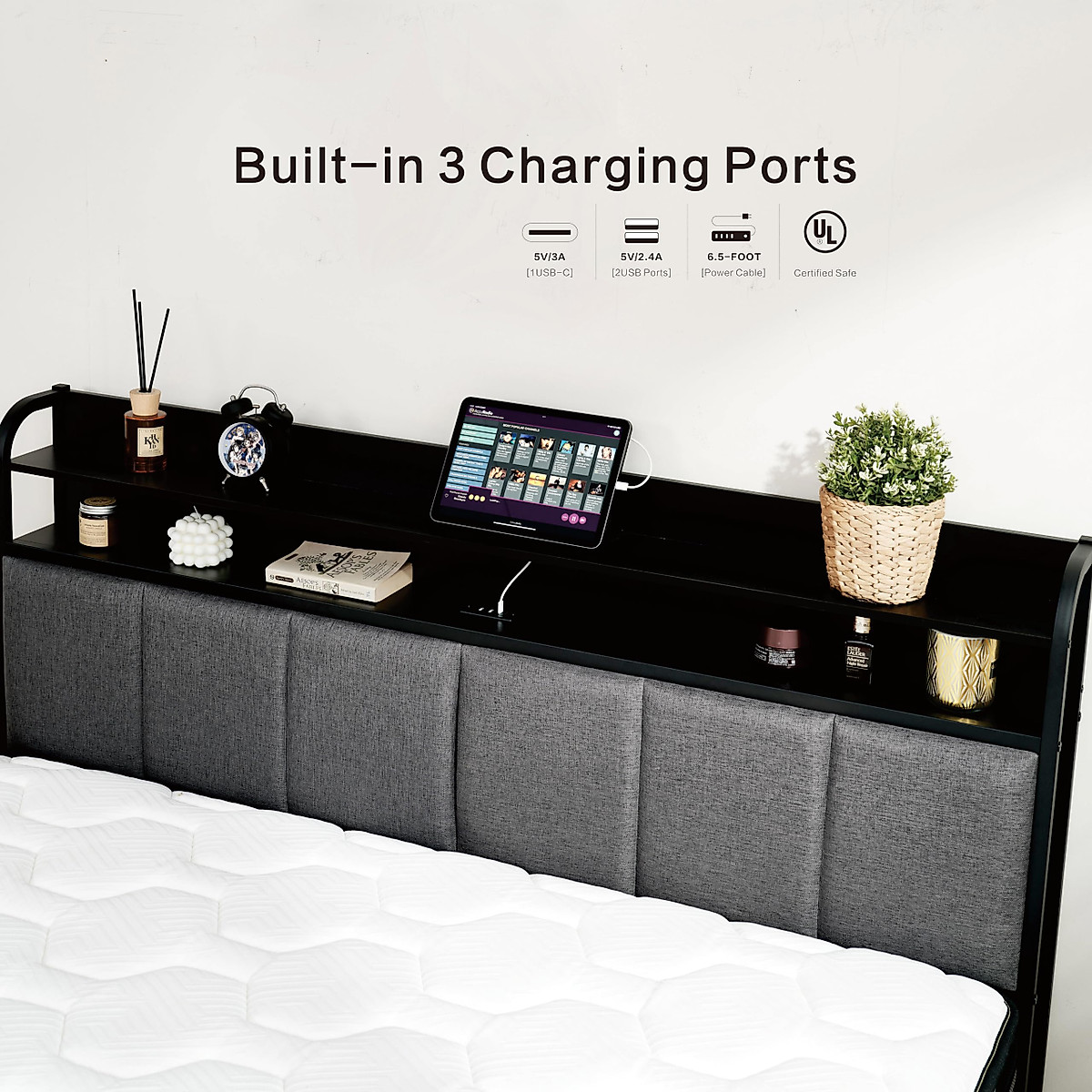 Z-hom Full Bed Frame with LED Lights Headboard, Full Size Heavy Duty Metal Hybrid Bed Frame Bed Base, Sturdy Upholstered Wooden Full Platform Bed with Charging Ports & Storage Shelves
