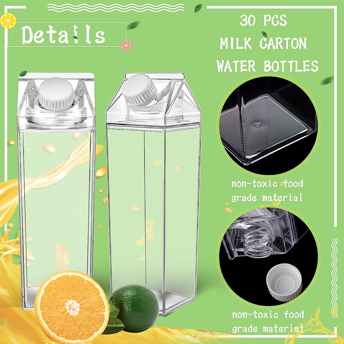 Foaincore 30 Pieces 17oz Milk Carton Water Bottles,clear Plastic Square Water Containers in Bulk, Leak Proof Portable and Reusable, for Outdoor Climbing Camping Fitness Gym Travel Sports, 7 Colors