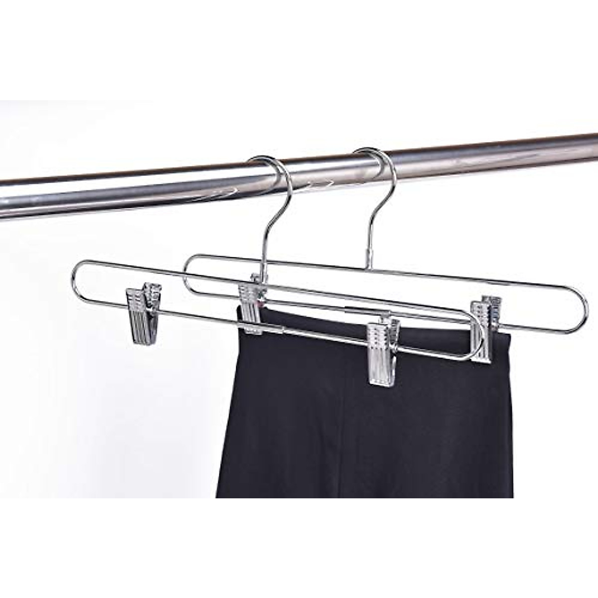 Quality Pant Hangers - 10-Pack Pant & Skirt Hanger Set - Chrome Pant Hangers with Clips - 360-Degree Metal Swivel Hook Hangers for Clothes, Pants - Durable, Anti-Rust Jean, Slack & Trouser Hangers