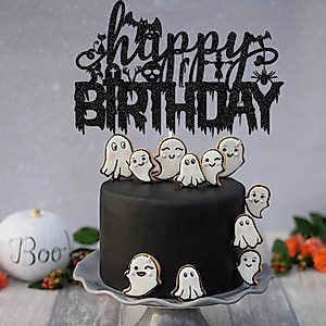 Black Glittery Halloween Happy Birthday Cake Topper Halloween Birthday Cake Picks with Bat Ghost Spider Signs Halloween Boys Girls Birthday Baby Shower Party Cake Supplies Decorations (1)