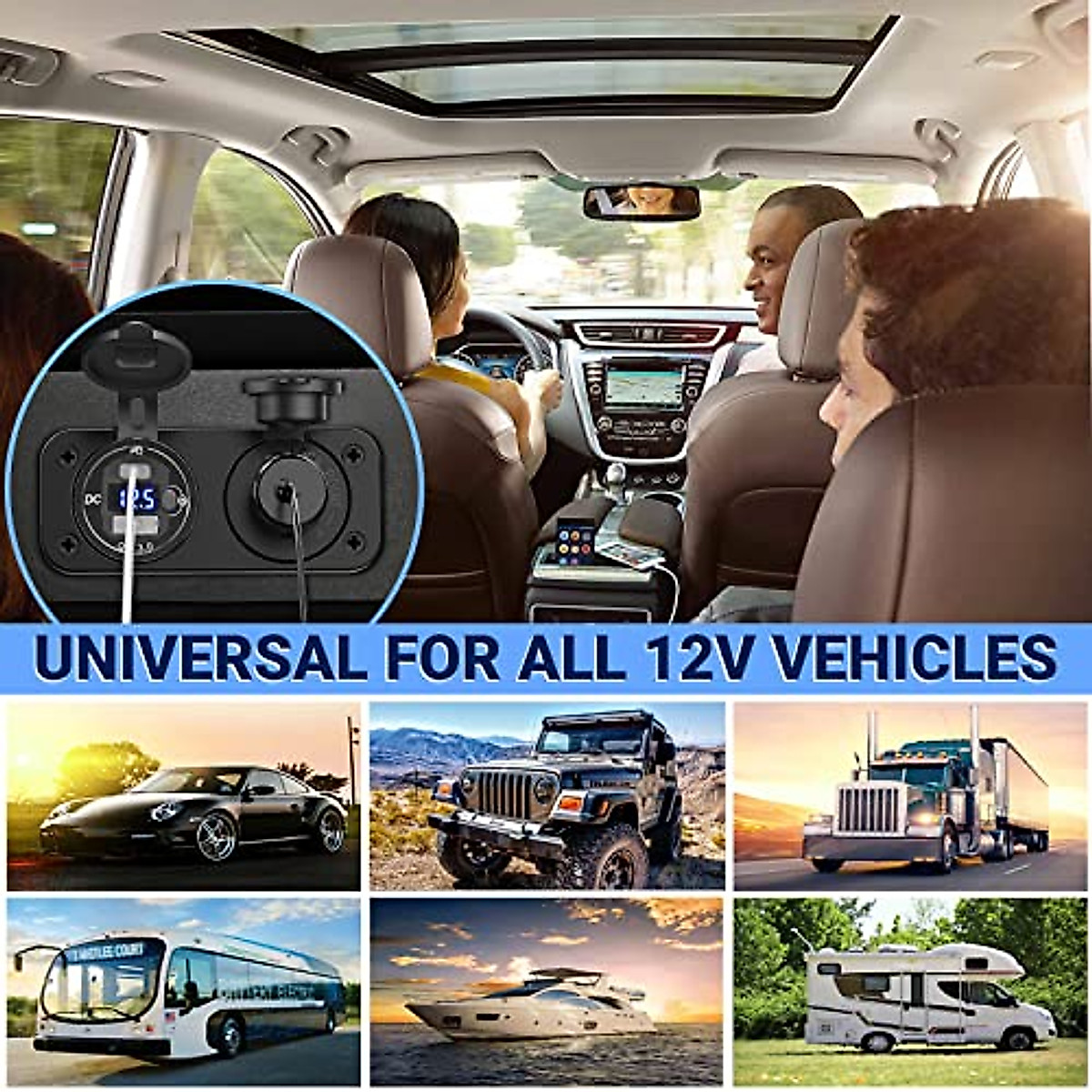 Cigarette Lighter Socket 12 Volt USB Outlet: PD 20W USB C and QC3.0 Car USB Port Aluminum Metal 12V Plug, 150W Car Charger USB Socket Panel with Power Switch LED Voltmeter for Marine Boat RV Golf Cart