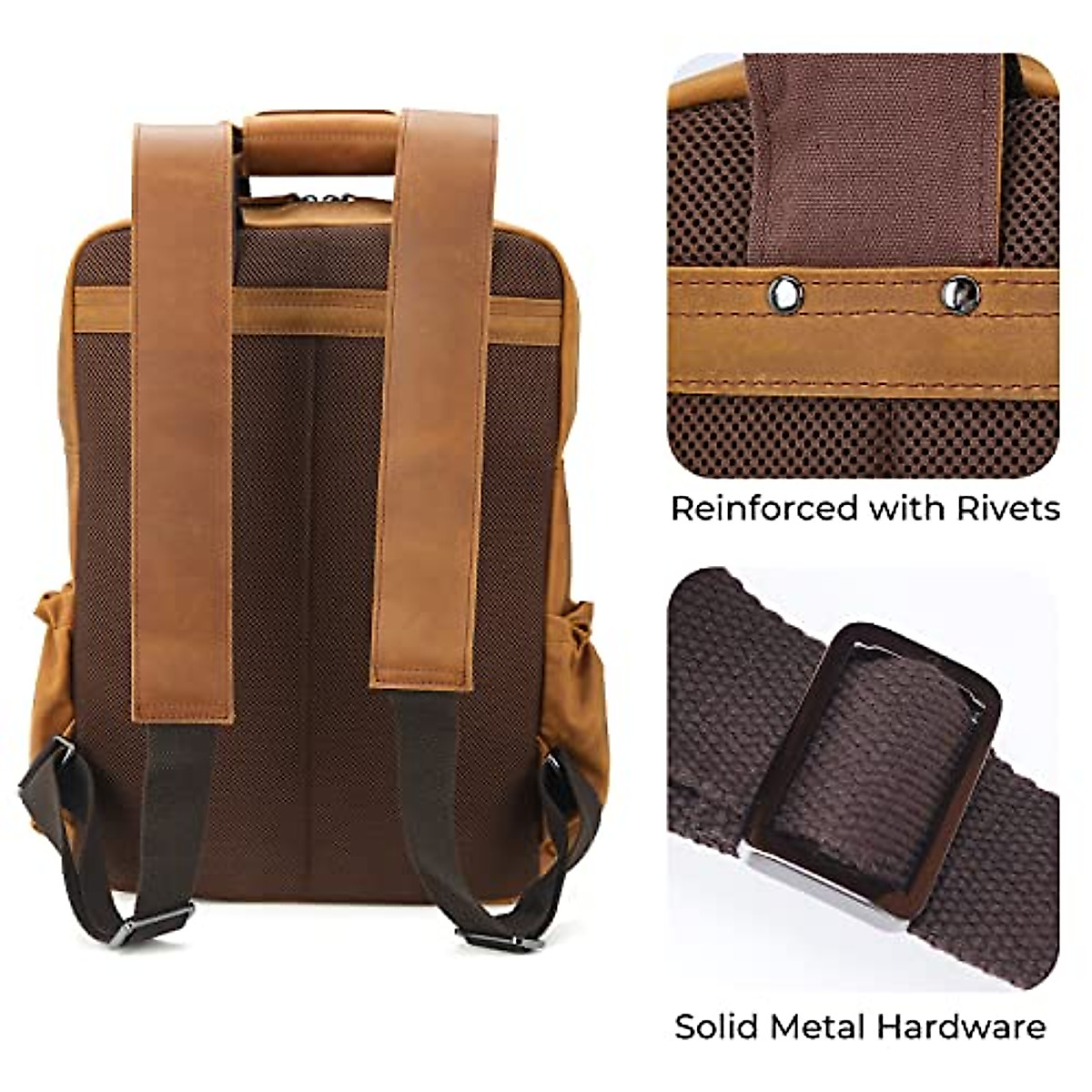 Cowhide Leather Multi Pockets 16 Inch Laptop Backpack Day Pack Travel Bag (Light Brown(Updated Version))