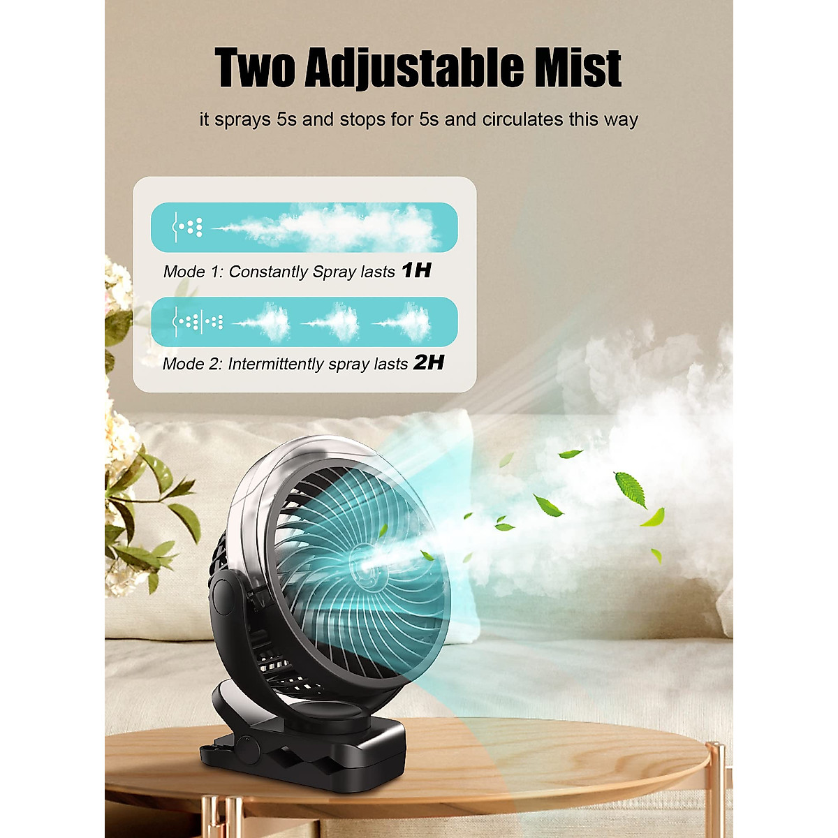 FRIZCOL Clip on Fan with Misting - 6000mAh Portable Fan with Light & Hook - Rechargeable Fan Battery Powered Up to 40 Hours Cooling & 2h Misting for Travel, Office, Desk