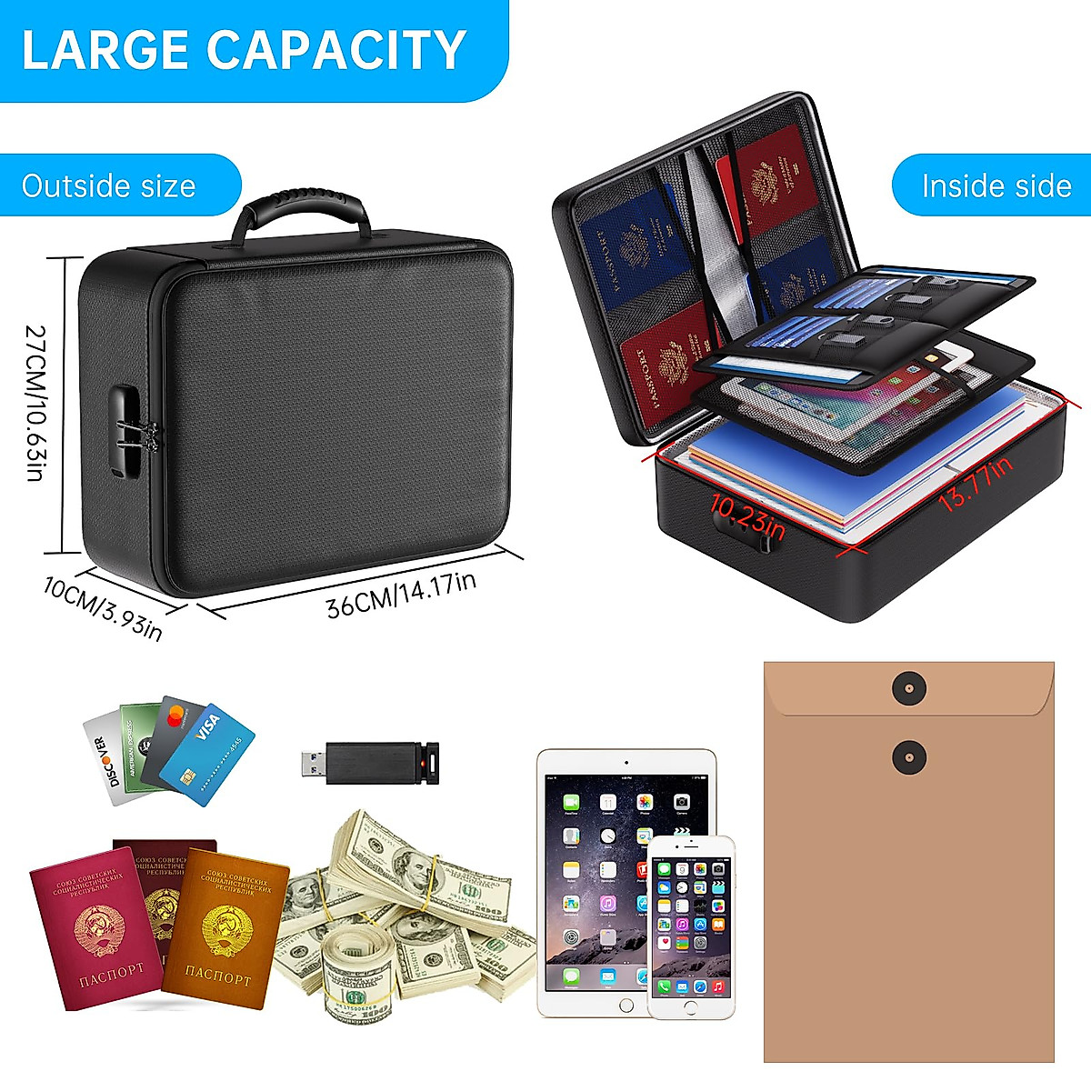 ENGPOW File Organizer Bags,Fireproof Document Bag with Money Bag,Home Office Travel Safe Bag with Lock,Multi-Layer Portable Filing Storage for Important File Passport Certificates Legal Documents