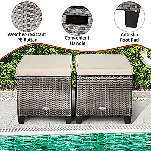 Tangkula 2 Pieces Patio Rattan Ottomans, Outdoor Wicker Footstool Footrest Seat with Soft Cushions and Steel Frame, All-Weather Patio Ottoman Set for Backyard Garden Poolside (White)