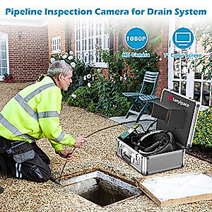 Sanyipace Sewer Camera, Remote Control, 1080P FHD, Zoom in, 100FT/30M, Sapphire Lens, Battery Level Display, 12 Adjustable White LEDs, 7'' LCD Screen, Plumbing Drain Camera, 16GB Card, Battery Powered
