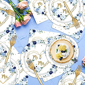24 Guests Mr and Mrs Bridal Shower Party Supplies, Blue and White Flowers Hearts Geometric Party Plates Napkins Forks Set for Couple Wedding Bride to Be Engagement Party Decorations