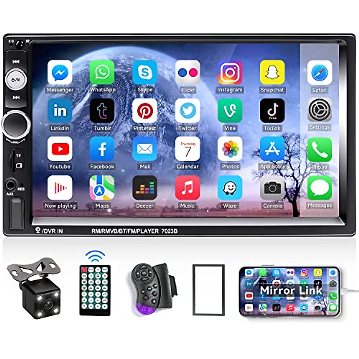 CAMECHO 7" Double Din Car Stereo Audio Bluetooth MP5 Player USB FM Multimedia Radio+ 4 LED Mini Backup Camera with Steering Wheel Remote Support Mobile Phone Synchronization (Used in Android/iOS)