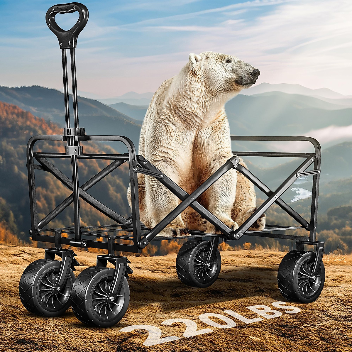 YITAHOME Folding Wagon w/Table Plate, Large Capacity Collapsible Wagon Cart, Adjustable Handle Height Foldable Utility Garden Cart, Outdoor Beach Wagon for Camping, Shopping, Sports, Garden - Black