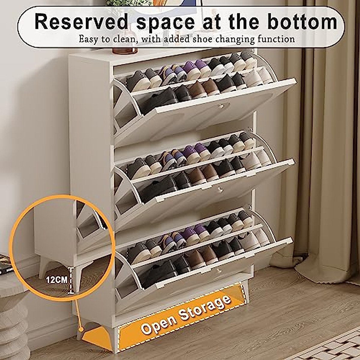 NEW BARLEY Modern Shoe Cabinet with 3 Flip Drawers,Adjustable Slim Freestanding Narrow Shoe Rack Tipping Bucket Shoe Cabinet with Door Open Shelves for Entryway