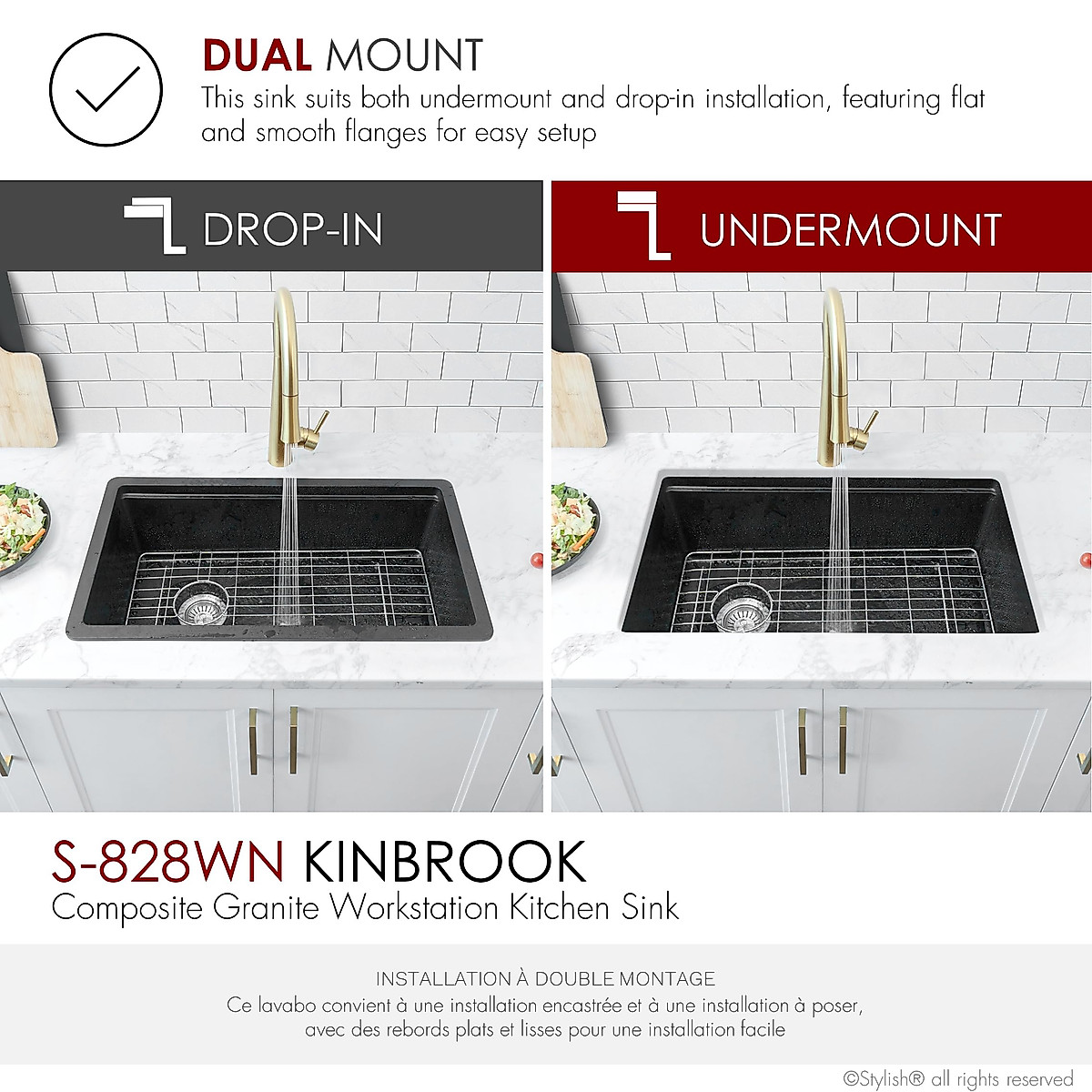 STYLISH 28 x 18 inch Workstation Dual Mount Granite Composite Single Bowl Reversible Kitchen Sink with Regular Strainer, Colander, Drying Rack and Cutting Board (Black) S-828WN