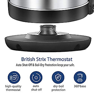 Comfee 1.7L Stainless Steel Electric Tea Kettle, BPA-Free Hot Water Boiler, Cordless with LED Light, Auto Shut-Off and Boil-Dry Protection, 1500W Fast Boil