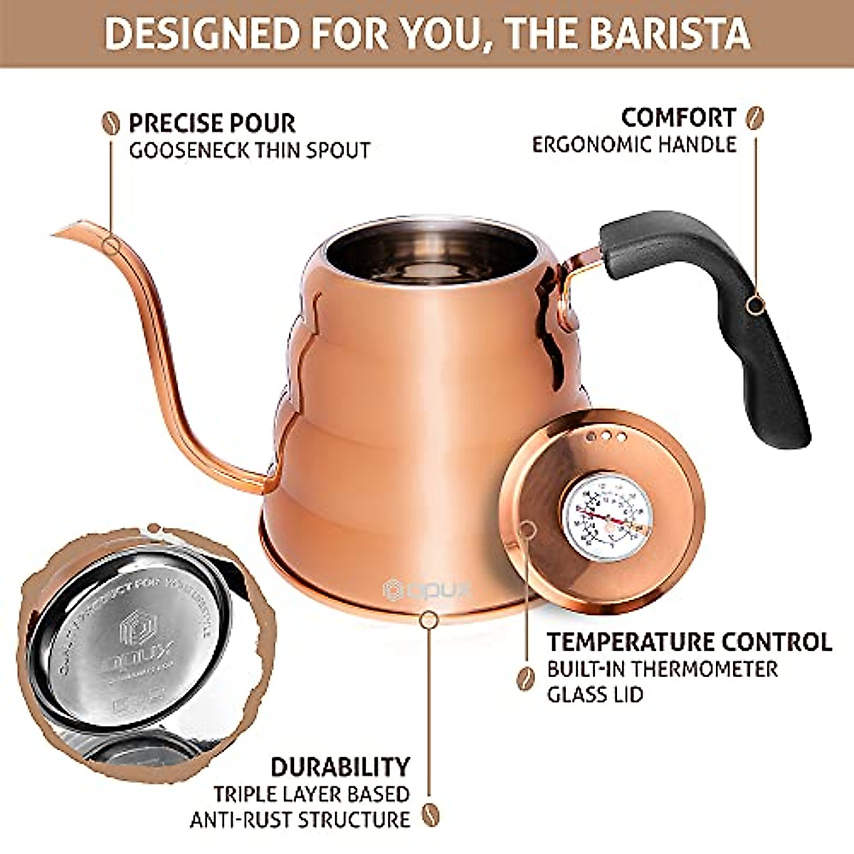 OPUX Pour Over Coffee Kettle with Gooseneck | Stainless Steel Coffee Tea Kettle with Thermometer 40 oz, Stovetop Induction Goose Necked Kettle Slow Pour Drip Spout (1.2 Liter, 40 fl oz) Copper