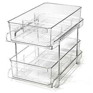 BINO 2 Tier Clear Storage Organizer with Dividers | Slide Out Drawer for Under Sink or Medicine Cabinet | Bathroom Closet, Vanity, Pantry Organizer | Under Cabinet Storage for Bathroom and Kitchen