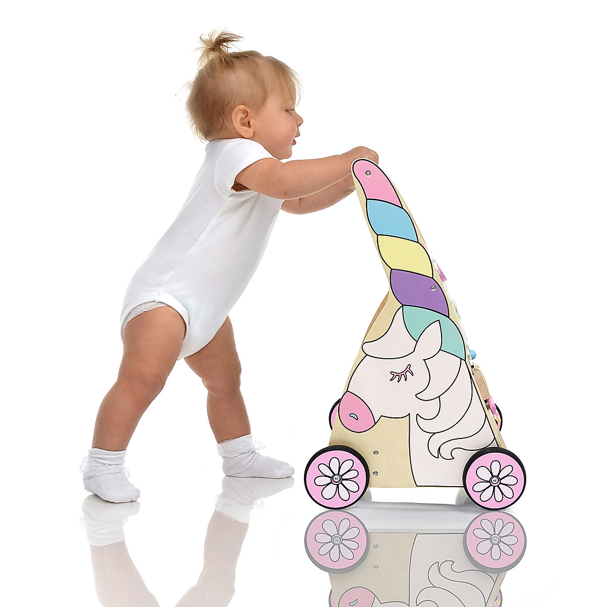 Hopscotch Squad Sit-to-Stand Learning Walker Unicorn Themed Interactive Wooden Push & Pull Baby Walker with Multiple Activities to Develop Motor Skills