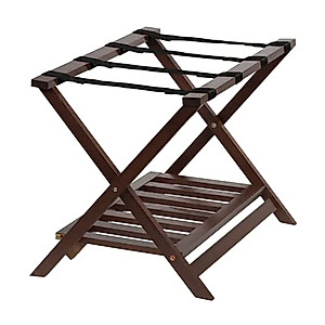 PJ Wood Foldable Luggage Rack with Shelf - Walnut