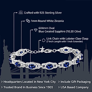 Gem Stone King 925 Sterling Silver Blue Created Sapphire Tennis Bracelet For Women (10.20 Cttw, Oval 6X4MM, 7 Inch With 1 Inch Extender)