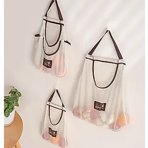 3PACK Mesh Reusable Bag Mesh Bags Hanging Storage Onion Holder Portable Washable Cotton Mesh String Organic Organizer|Mesh produce bags|Eco friendly Over the Door Pantry Organizer (3PACK-Beige)