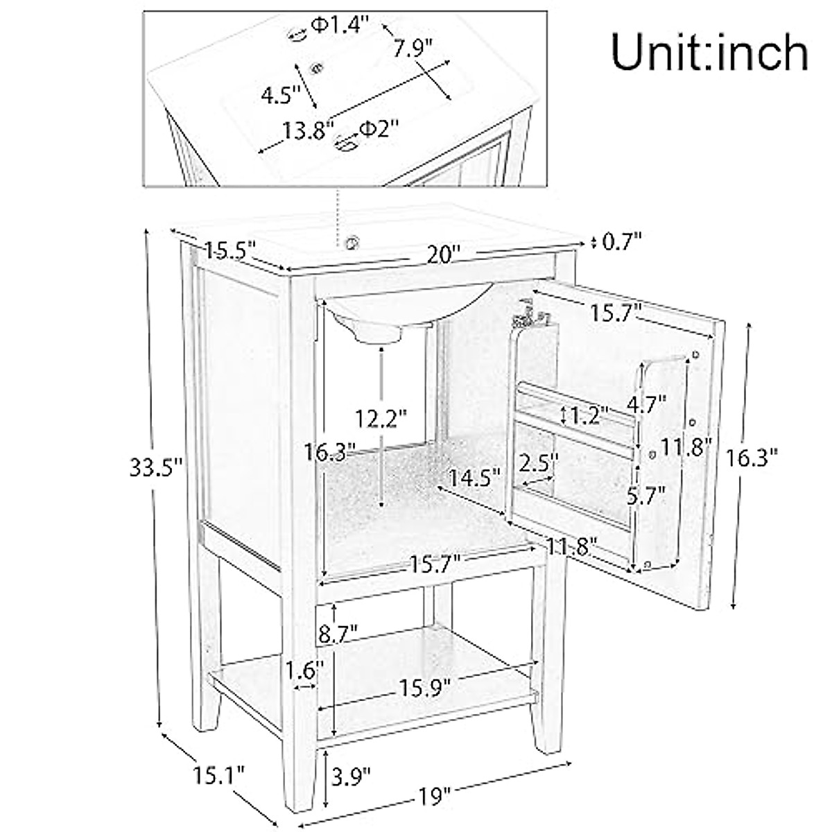 Lifeand 20" Vanity with Sink, Bathroom Cabinet with Soft Closing Door, Storage Rack and Open Shelf, White