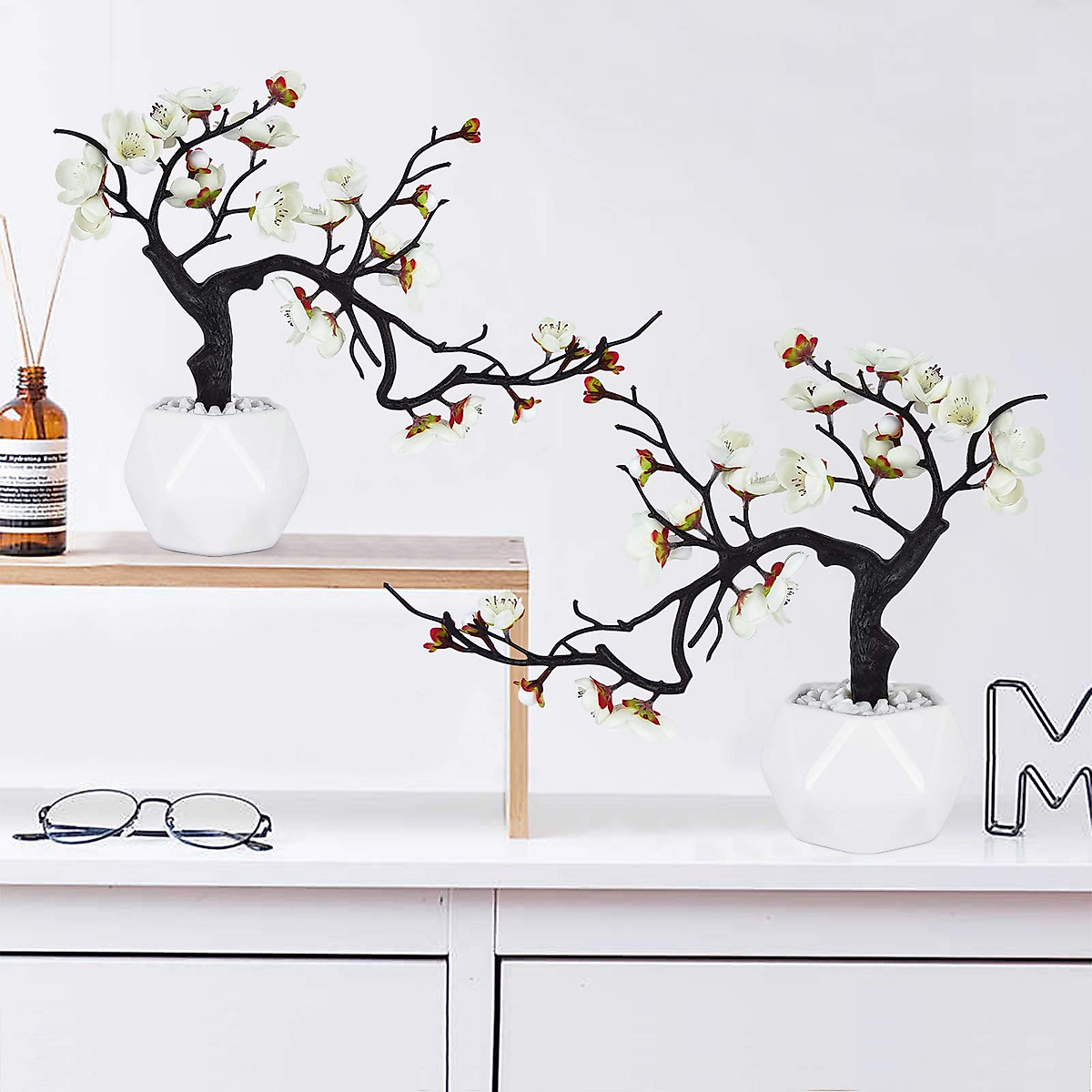 Artflower Plum Blossom Artificial Silk Flowers 2 Pack Simulation Flower with Ceramic Vase Fake Plant Potted Arrangement for Home Wedding Office DIY Living Room Party Garden Decoration (White)