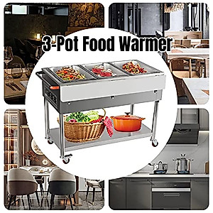 Commercial Restaurant Food Warmer, Stainless Steel Free-Standing Food Warmer Cart 3-Pot Steamer Table Electric Food Warmer 32-212F for Catering 44Inch