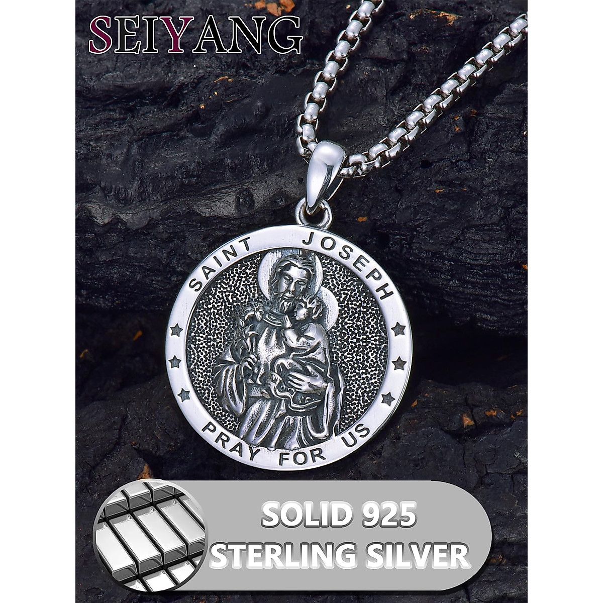 Seiyang St Joseph Necklace for Men 925 Sterling Silver Saint Joseph Medal Pendant Patron Amulet Joseph Medallion Jewelry Protection Gift for Women Father Son