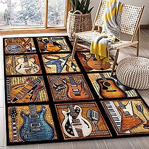 Guitar Rug Music Rug Vintage Guitar Rugs Non Slip Floor mat Soft Carpet for Living Room Bedroom Guitar Carpet Insulation for Music Room Bedroom Home Decor Fun Musical Theme Guitar Area Rug a22, 5x7 ft