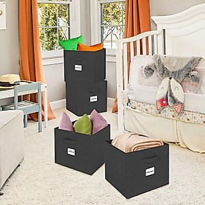 SimpliBins 13x13x13 Storage Cube Bins 4 Pack, Collapsible Fabric Storage Cubes with Fabric Handle, Simple Cubical Storage Boxes for Cube Organizer, Shelf and Closet Storage (Black)